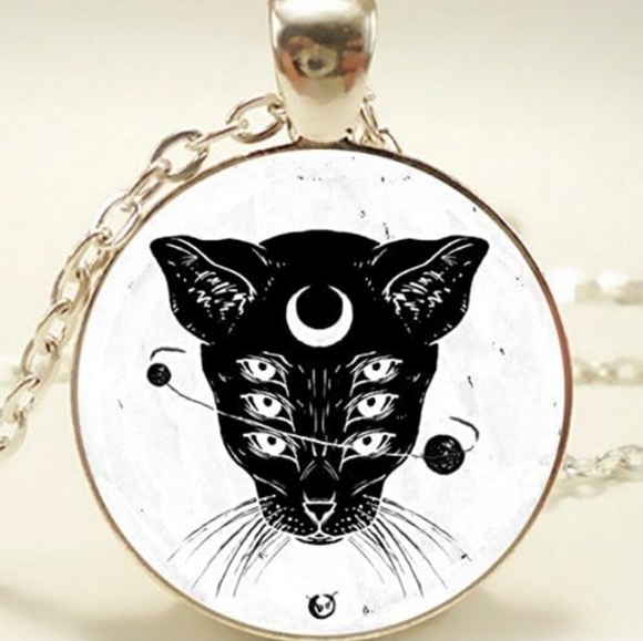 Jewelry | New Occult Wiccan Cat Sigil Moon Silver Cabochon Necklace ...
